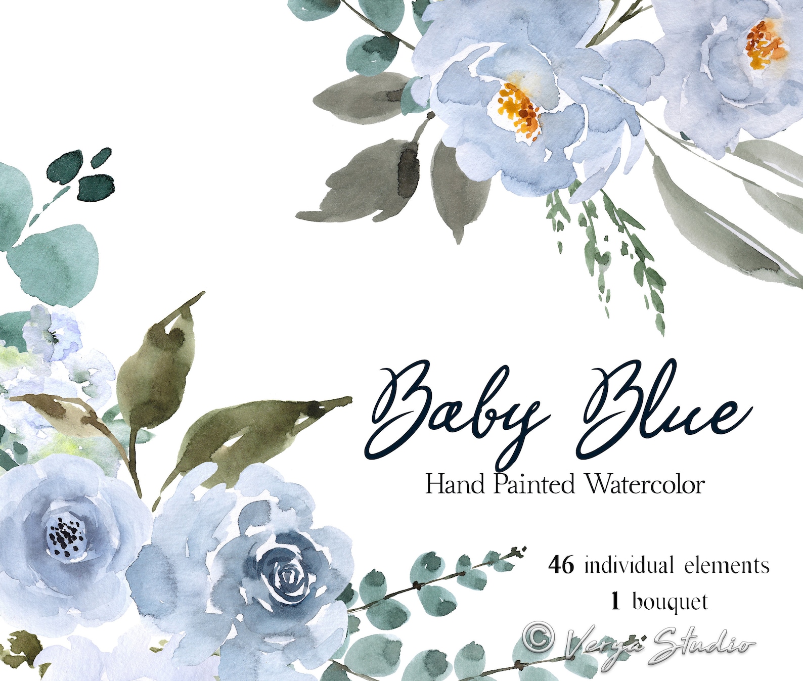 Baby Blue Watercolor Flowers Clipart Soft Pastel Light Blue Wedding ...