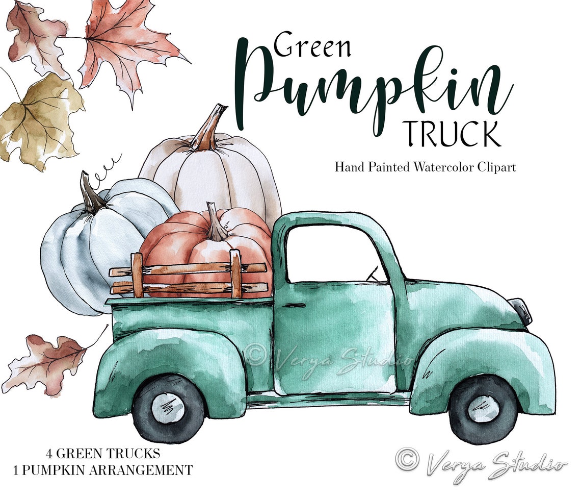 Green Pumpkin Truck Watercolor Fall Clipart Harvest Truck - Etsy