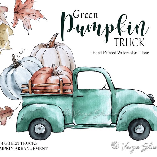 Blue Harvest Truck Watercolor Fall Clipart Pumpkin Truck - Etsy