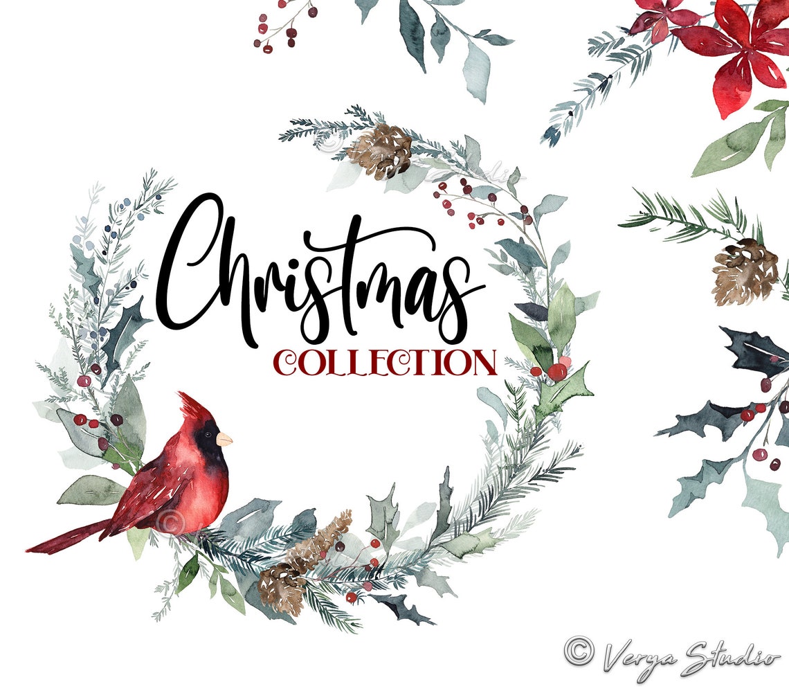Christmas Clipart Watercolor Winter Clip Art Set Fir Juniper - Etsy