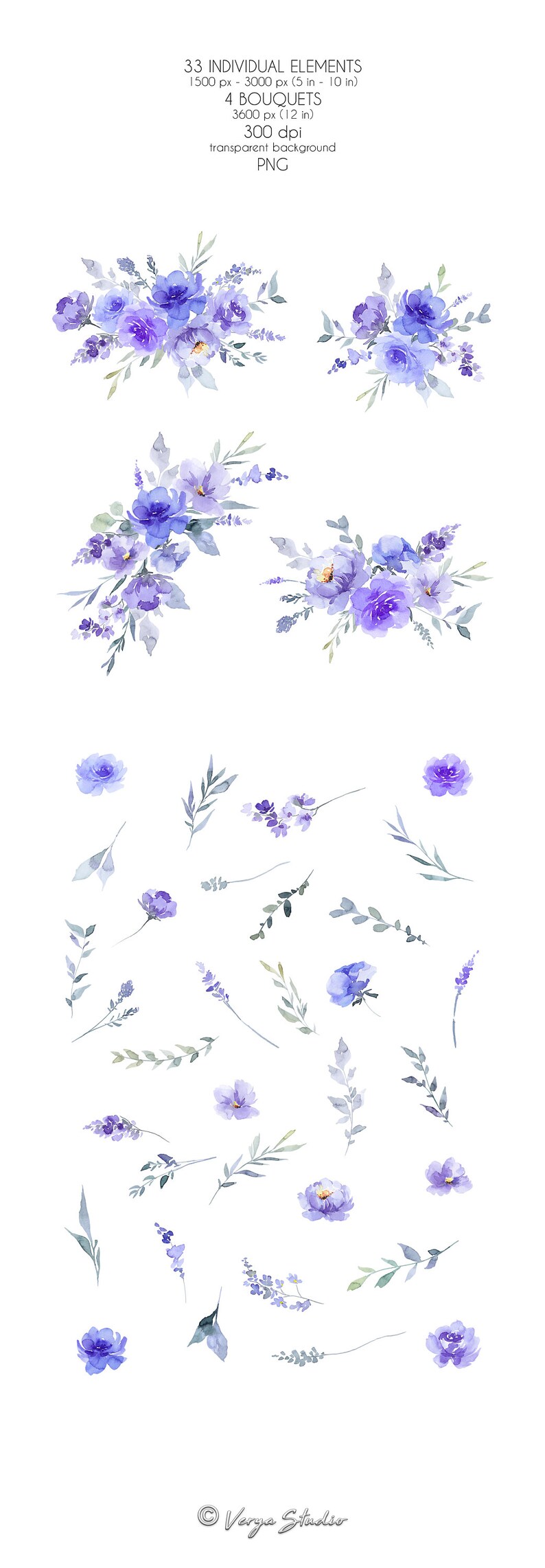 Purple Lavender Watercolor Floral Clipart Violet Lilac Flowers Clip Art ...