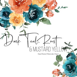 Teal Rust Mustard Yellow Watercolor Floral Clipart Flowers Clip Art ...