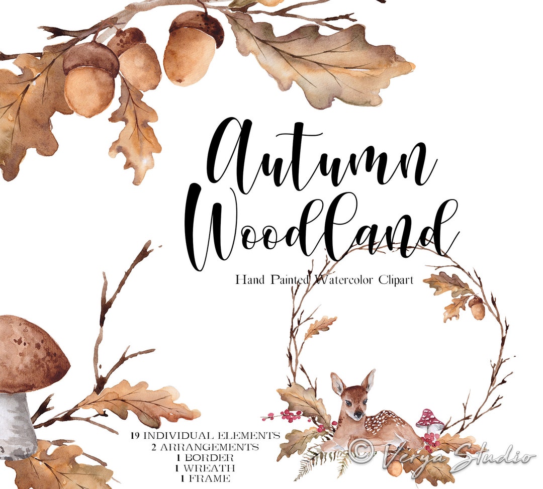 Watercolor Fall Clipart Woodland Clipart Baby Deer Fawn Oak Fall Leaves ...