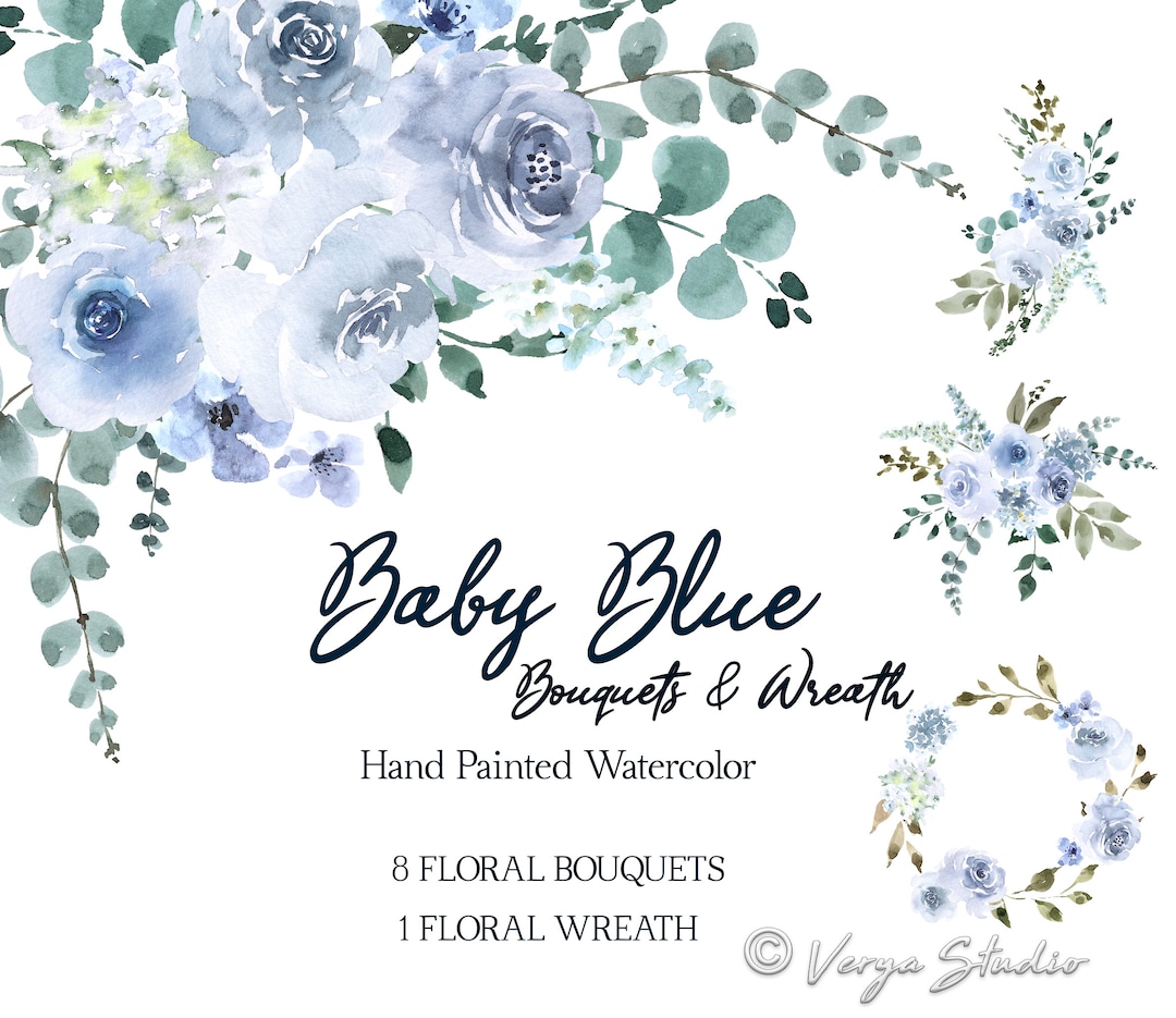 Baby Blue Watercolor Flowers Bouquets Clipart Soft Pastel Wreath ...