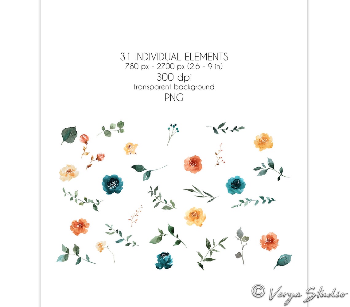 Teal Rust Mustard Yellow Watercolor Floral Clipart Flowers Clip Art ...