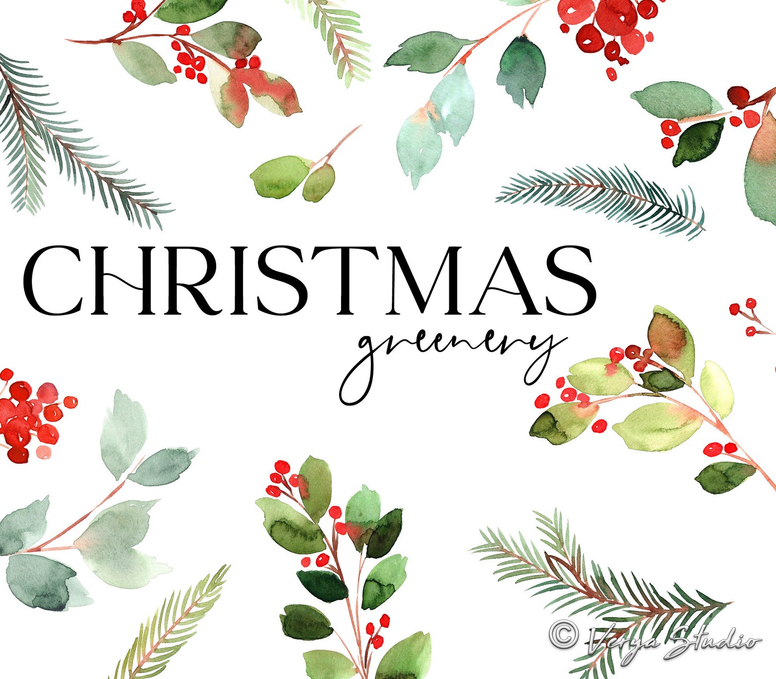 Christmas Greenery Clipart Watercolor Winter Cipart Red Berries Pine ...