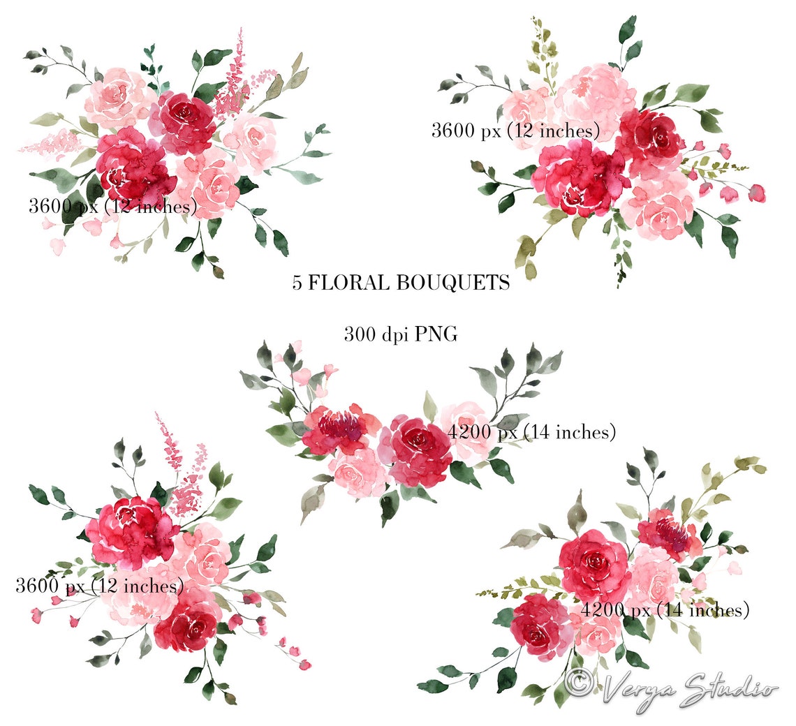 Red Blush Watercolor Floral Clipart Frames Wreath Bouquets - Etsy