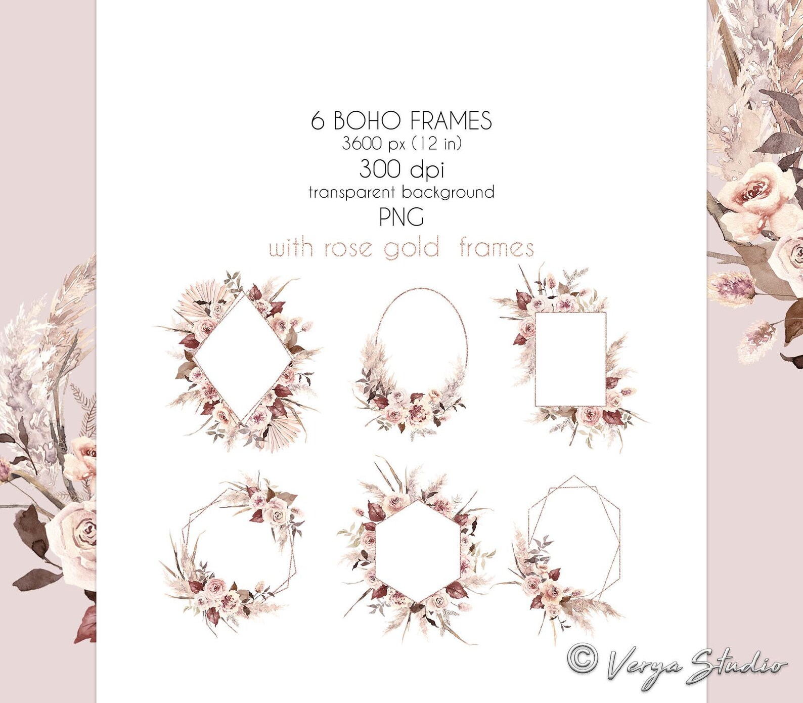 Boho Watercolor Floral Clipart Rose Gold Frame Bohemian Frames - Etsy