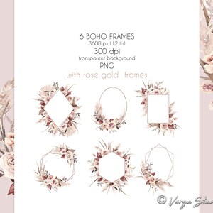 Boho Watercolor Floral Clipart Rose Gold Frame Bohemian Frames Wreaths ...