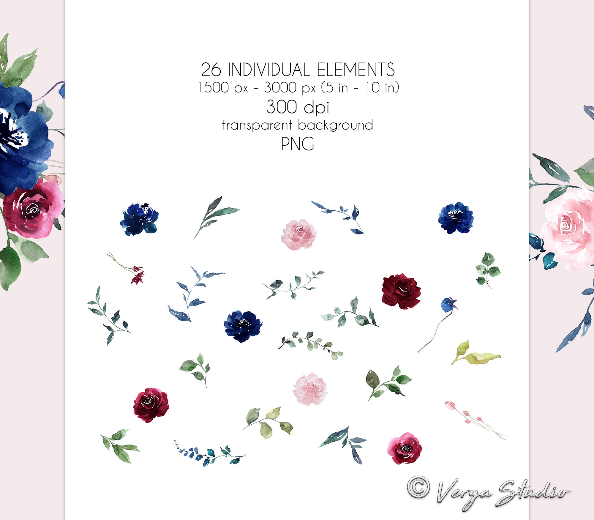 Burgundy Navy Blush Watercolor Floral Clipart Flowers Clip Art Dusty ...