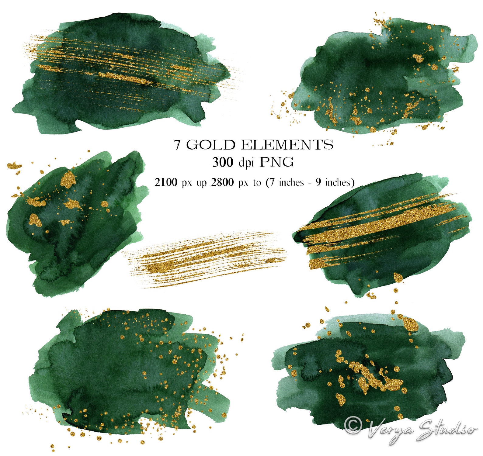 Emerald Green Watercolor Splashes Gold Frames Brushes Clipart - Etsy