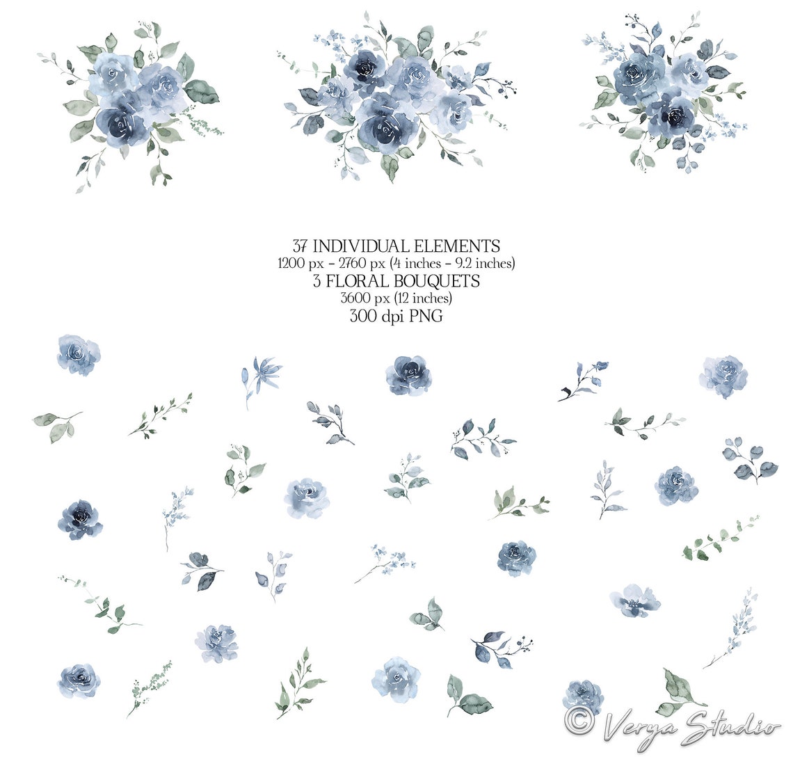 Dusty Blue Watercolor Floral Clipart Flowers Clip Art Antique - Etsy