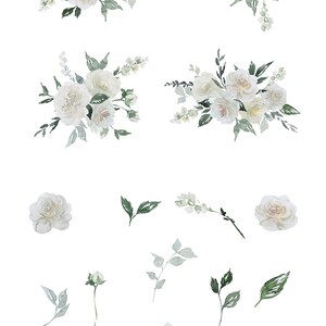 White Floral Clipart - Watercolor Ivory White Flowers Clip Art, Green ...