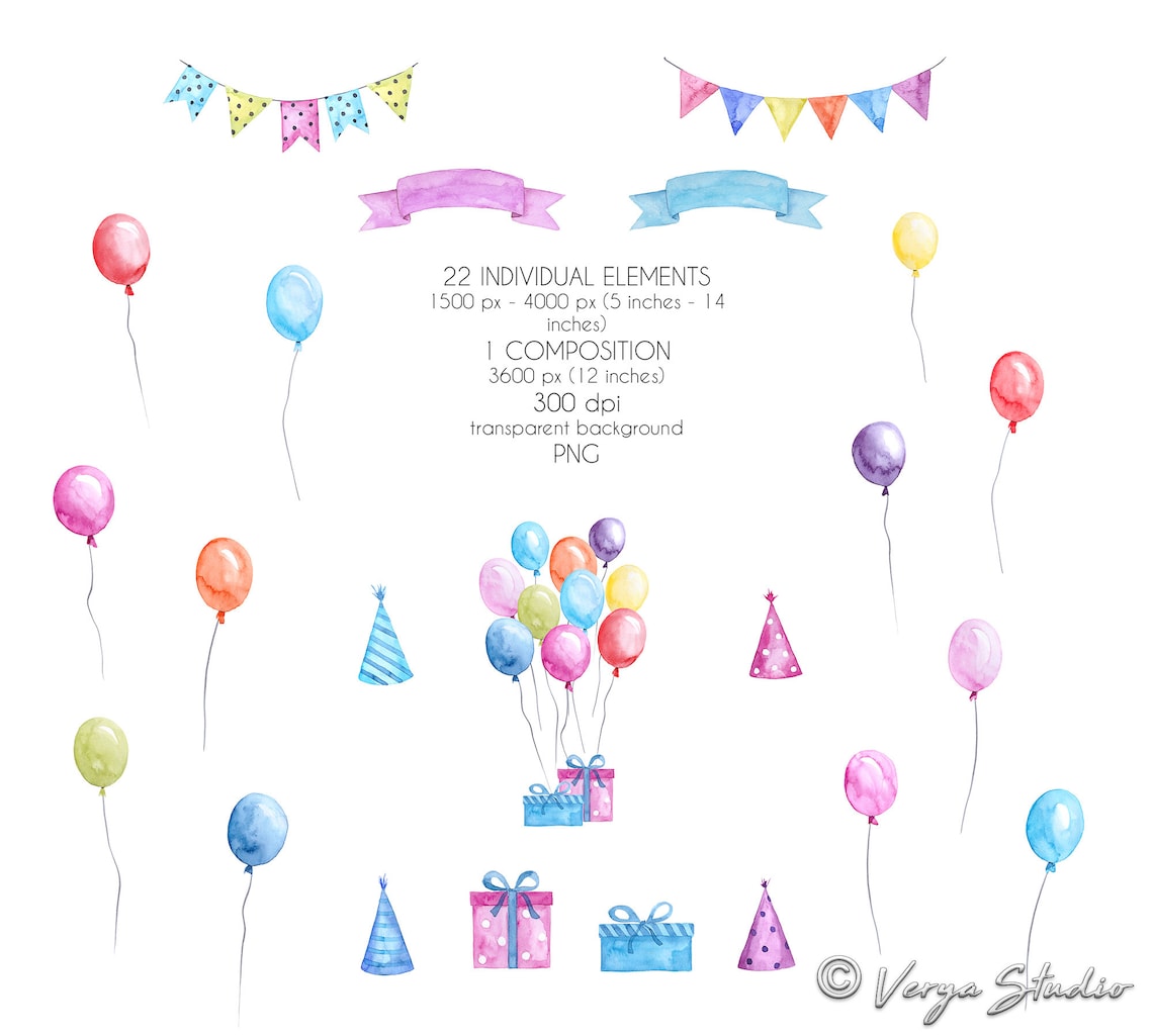 Watercolor Birthday Party Clipart Balloons Party Hats Banner Present ...