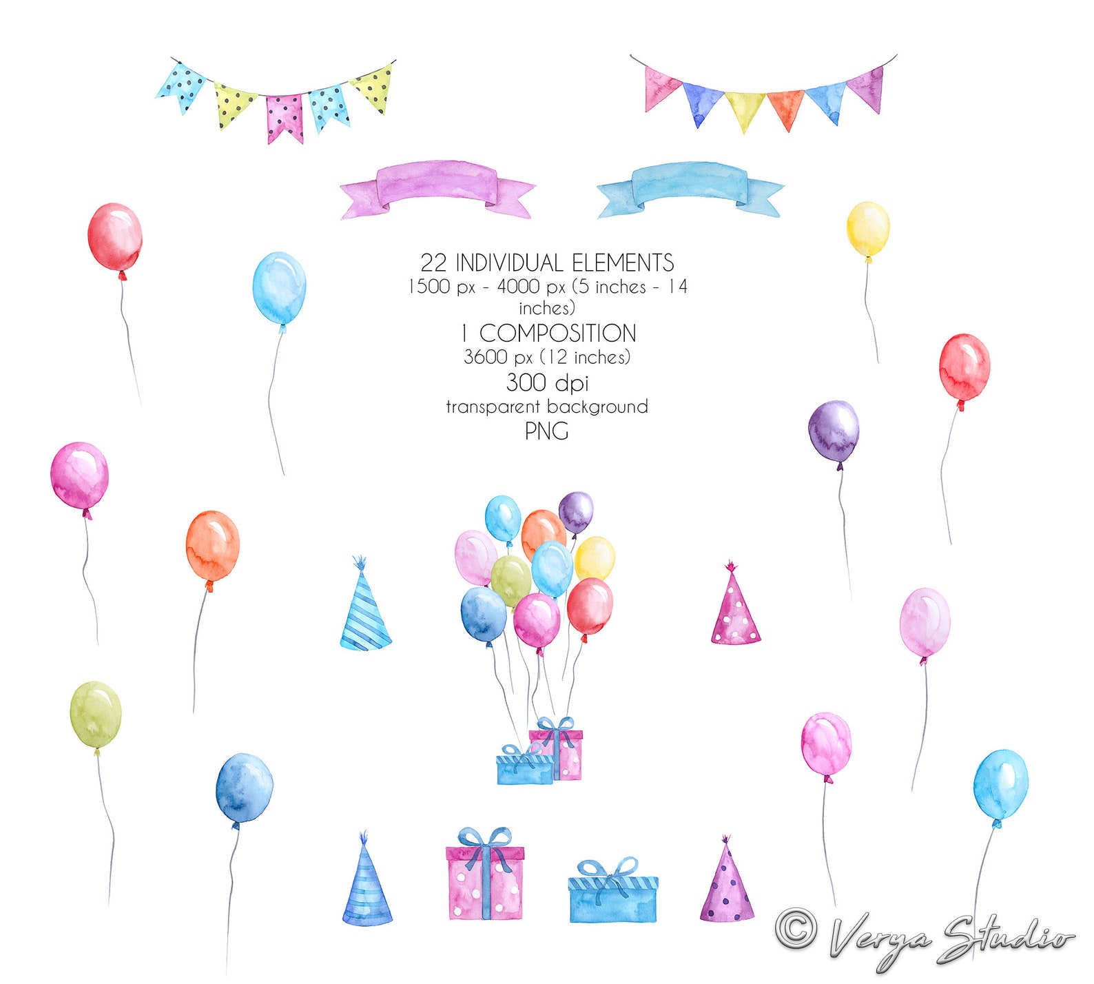 Watercolor Birthday Party Clipart Balloons Party Hats Banner - Etsy