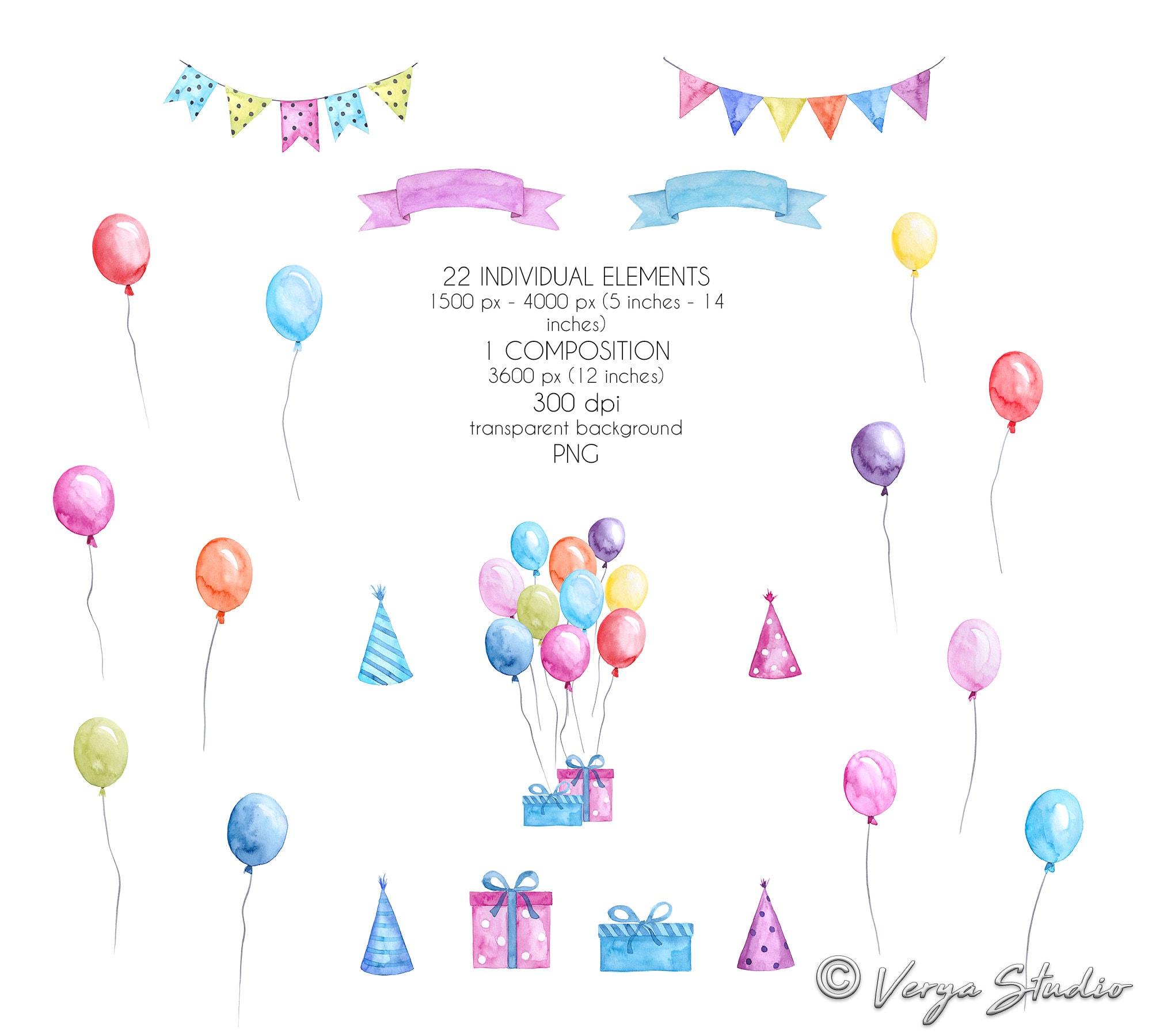 Watercolor Birthday Party Clipart Balloons Party Hats Banner Present ...