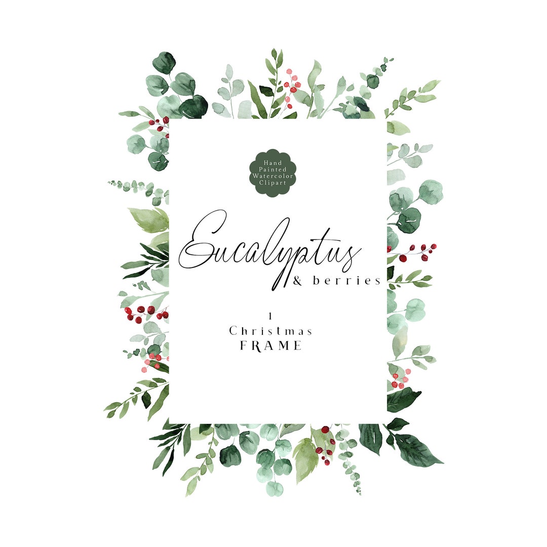 Foliage Christmas Frame Clipart, Watercolor Christmas Clip Art, Red ...
