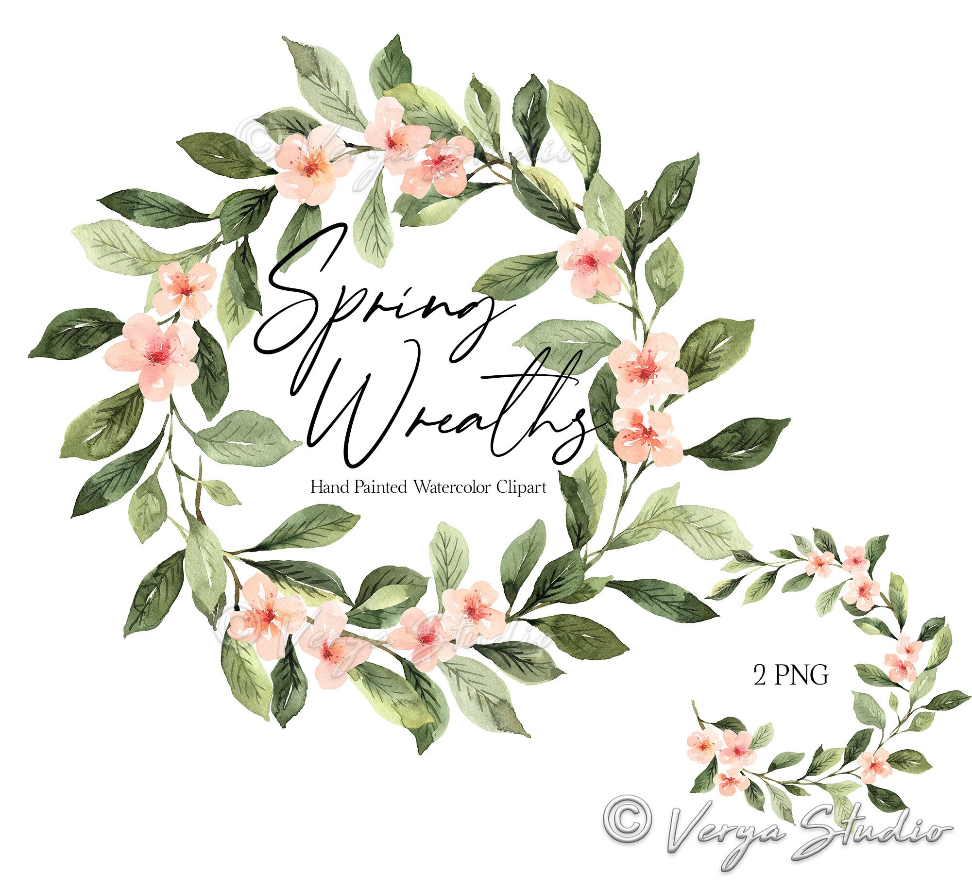 Spring Wreath Watercolor Floral Clipart Peach Flowers Cherry | Etsy