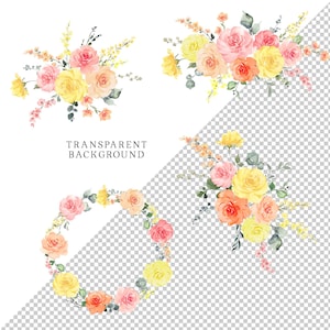 Peach Pink Yellow Floral Clipart Watercolor Spring Flowers Bright Blush ...