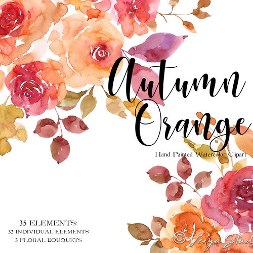 Teal Rust Orange Watercolor Flowers Clipart Floral Clip Art - Etsy UK