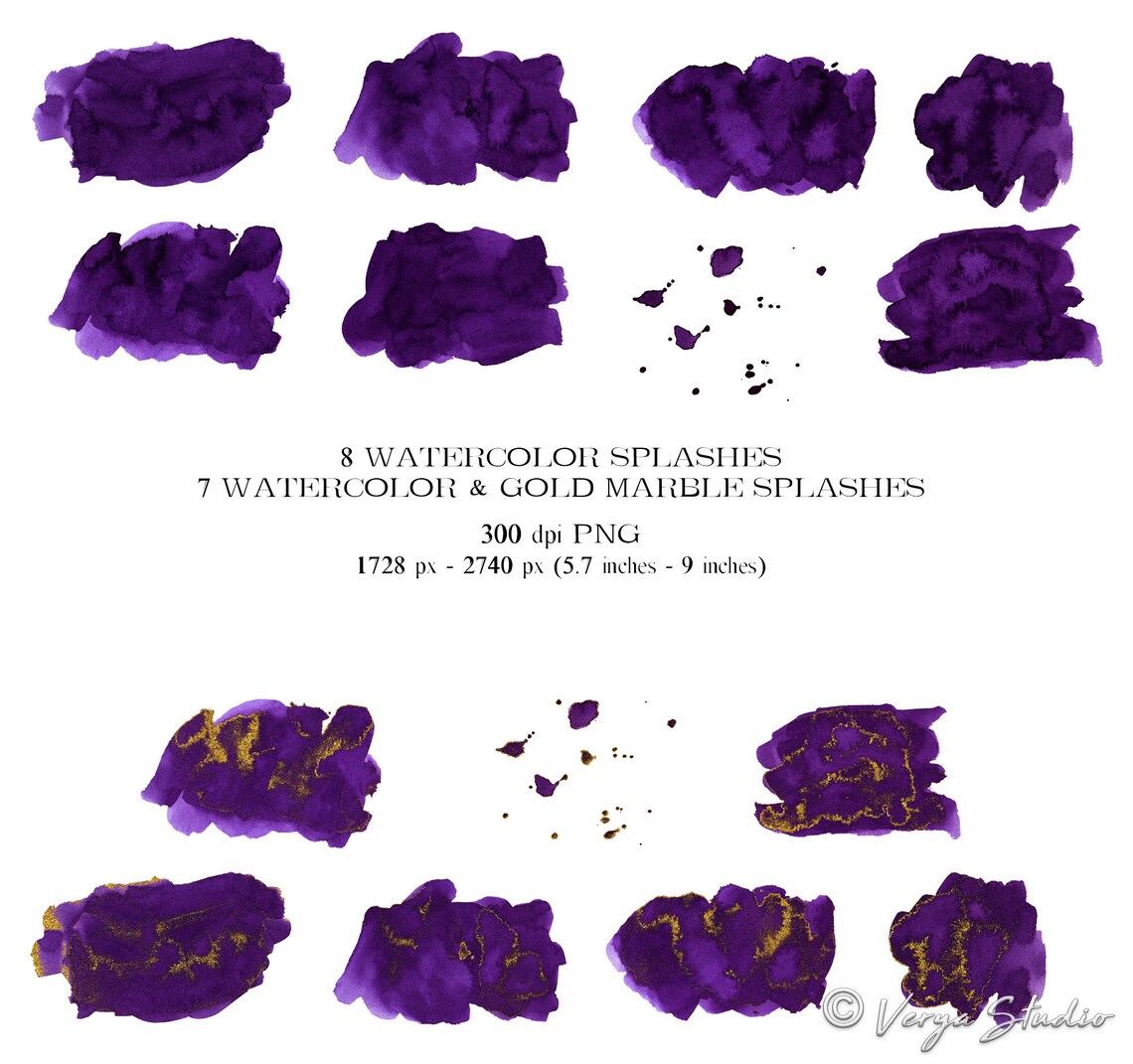 Purple Watercolor Splashes Clipart Geometric Golden Frames - Etsy