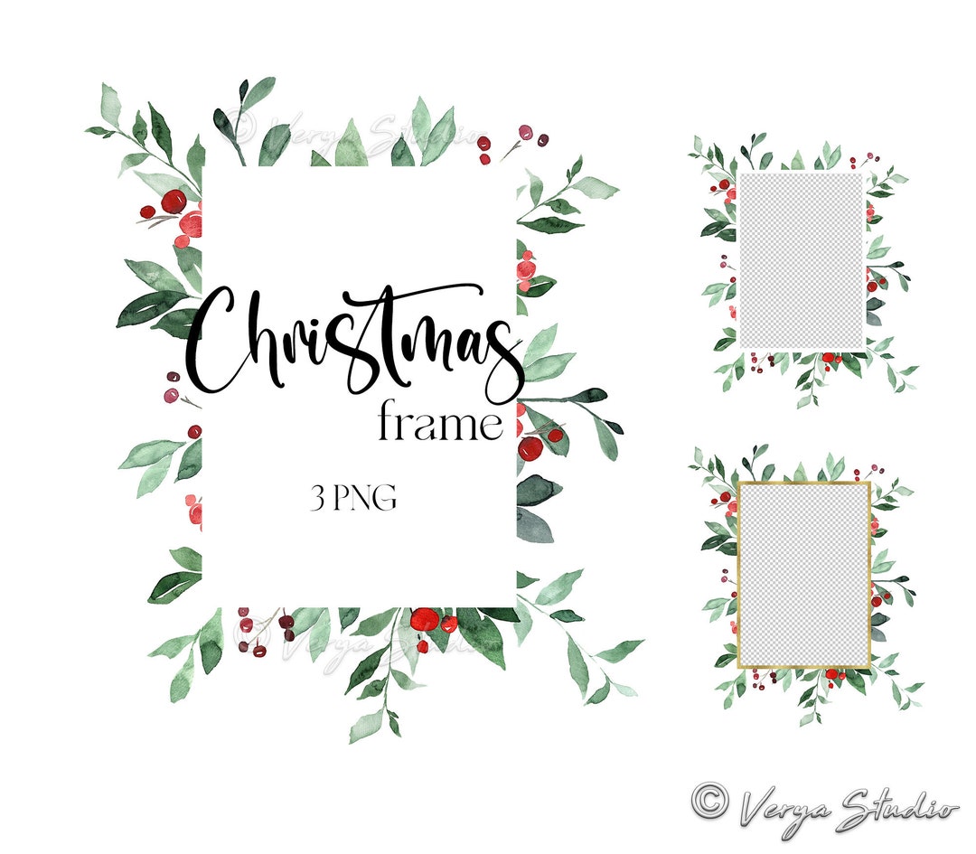 Christmas Greenery Frame Clipart Watercolor Xmas Red Berries Frame ...