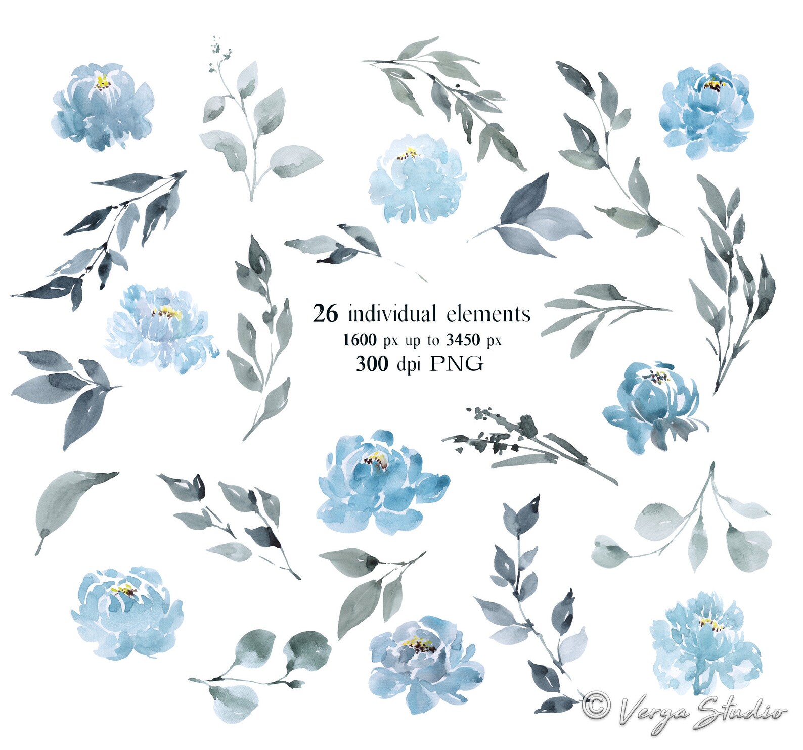 Watercolor Floral Clipart Blue Peonies Clip Art Wedding Clipart Light ...