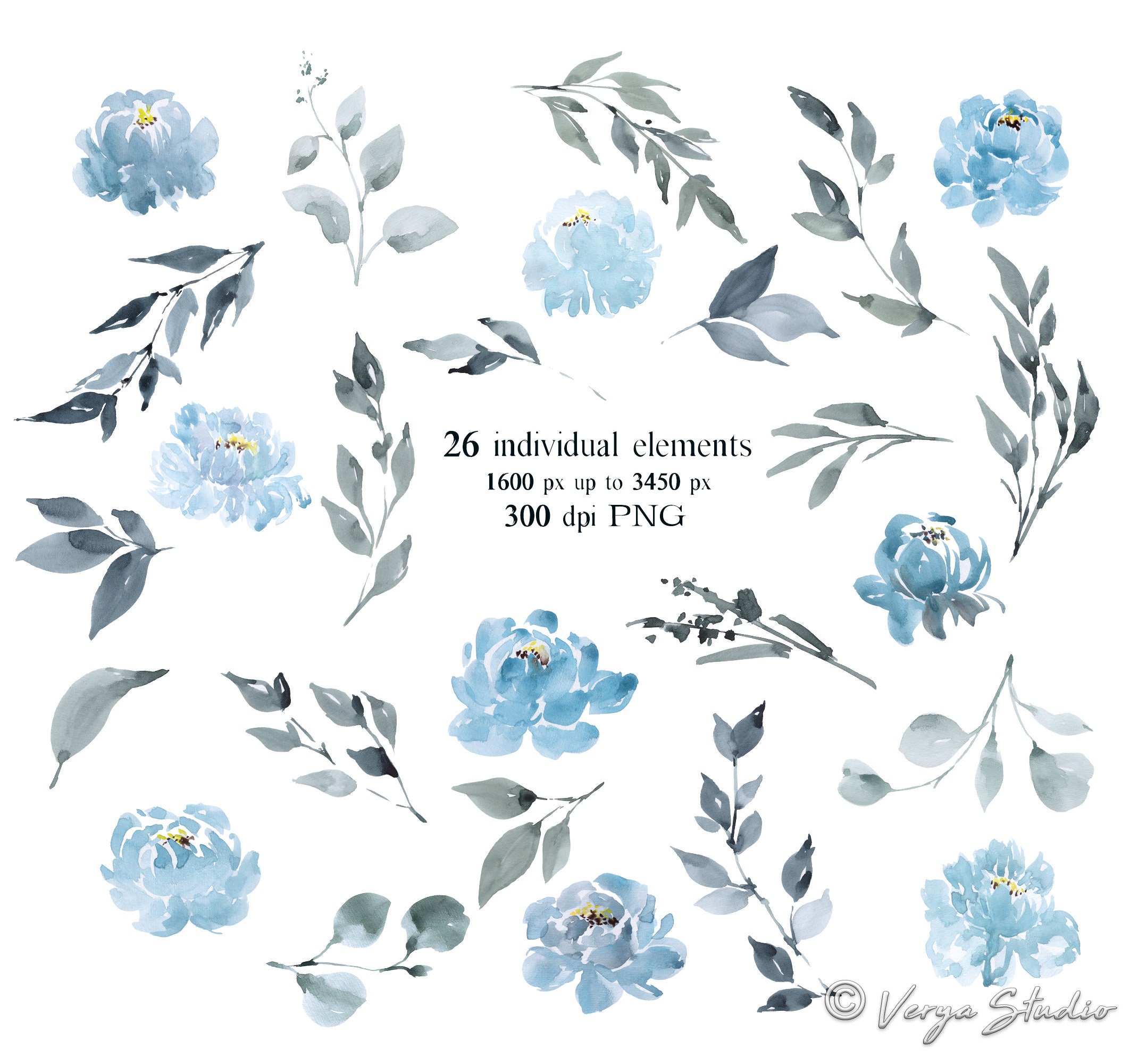 Watercolor Floral Clipart Blue Peonies Clip Art Wedding | Etsy UK