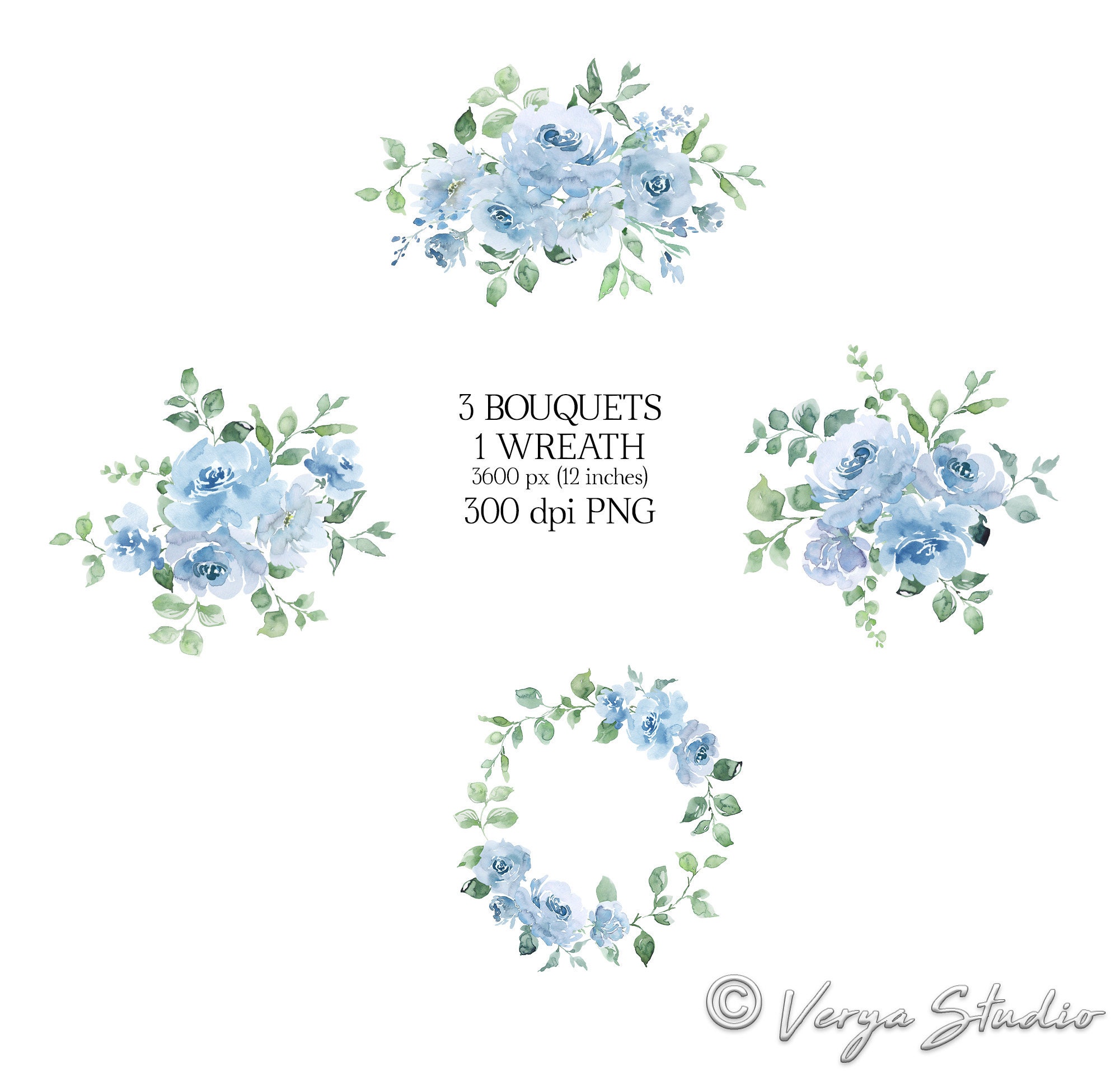 Blue Watercolor Floral Clipart Light Blue Flowers Clip Art Baby Blue ...