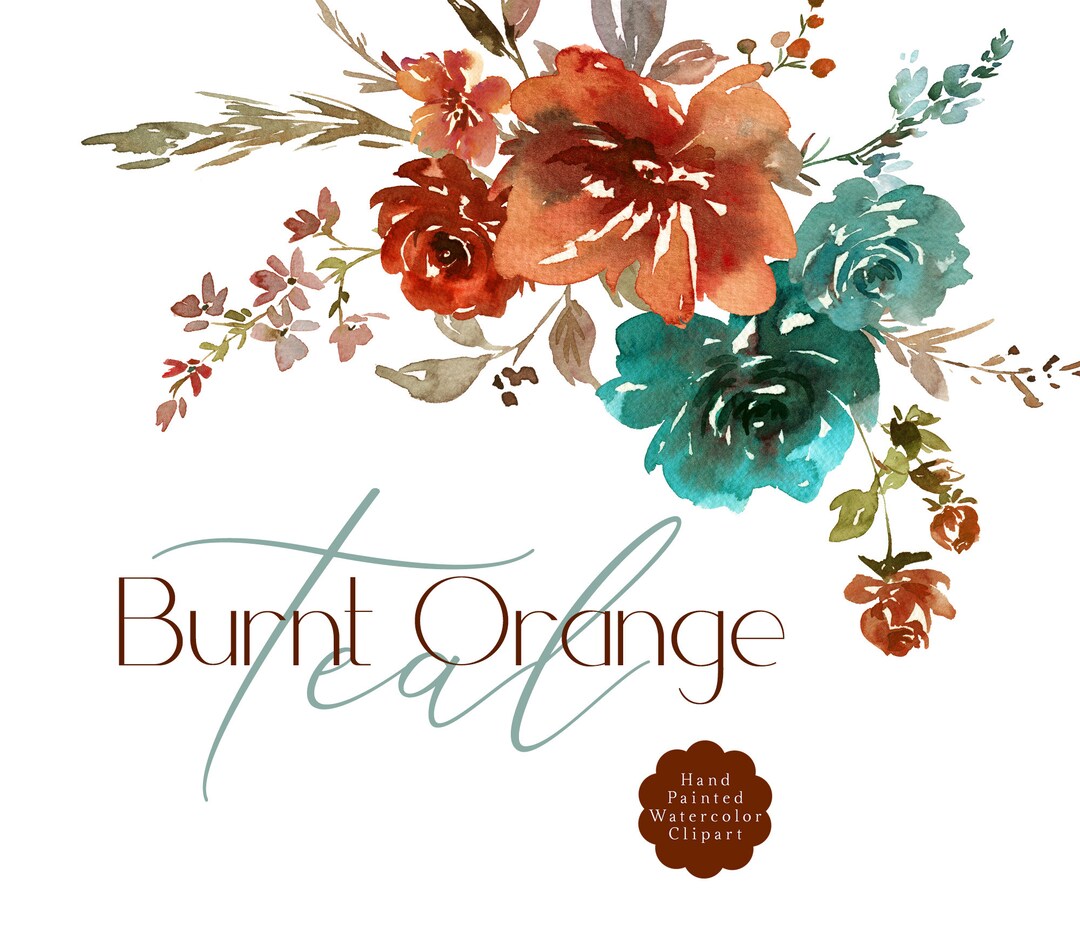 Teal Rust Orange Floral Clipart Watercolor Flowers Clip Art Burnt ... Teal Rust Orange Floral Clipart Watercolor Flowers Clip Art Burnt ...