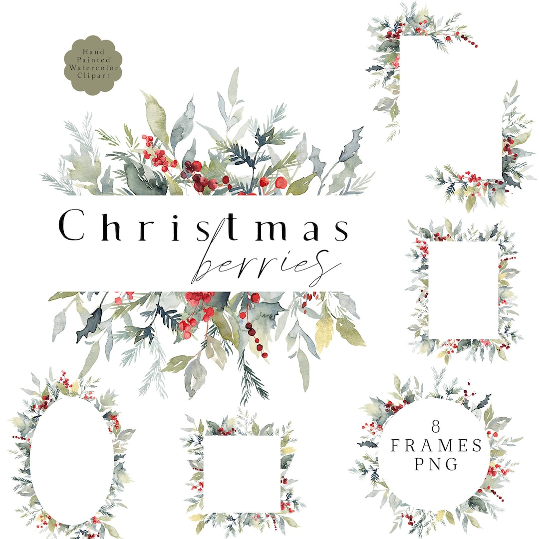 Berries Christmas Frames Clipart, Watercolor Christmas Clip Art, Winter ...