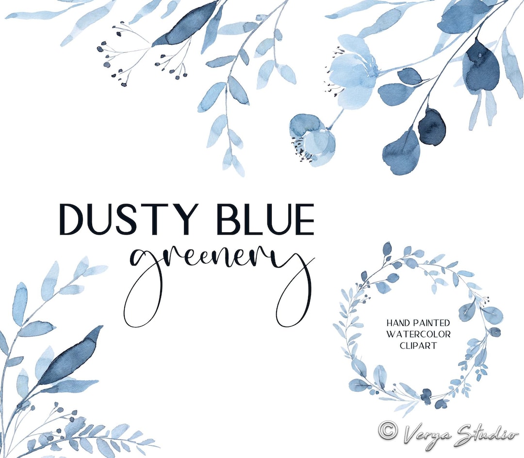 Dusty Blue Greenery Clipart Watercolor Botanical Clip Art Light Baby ...