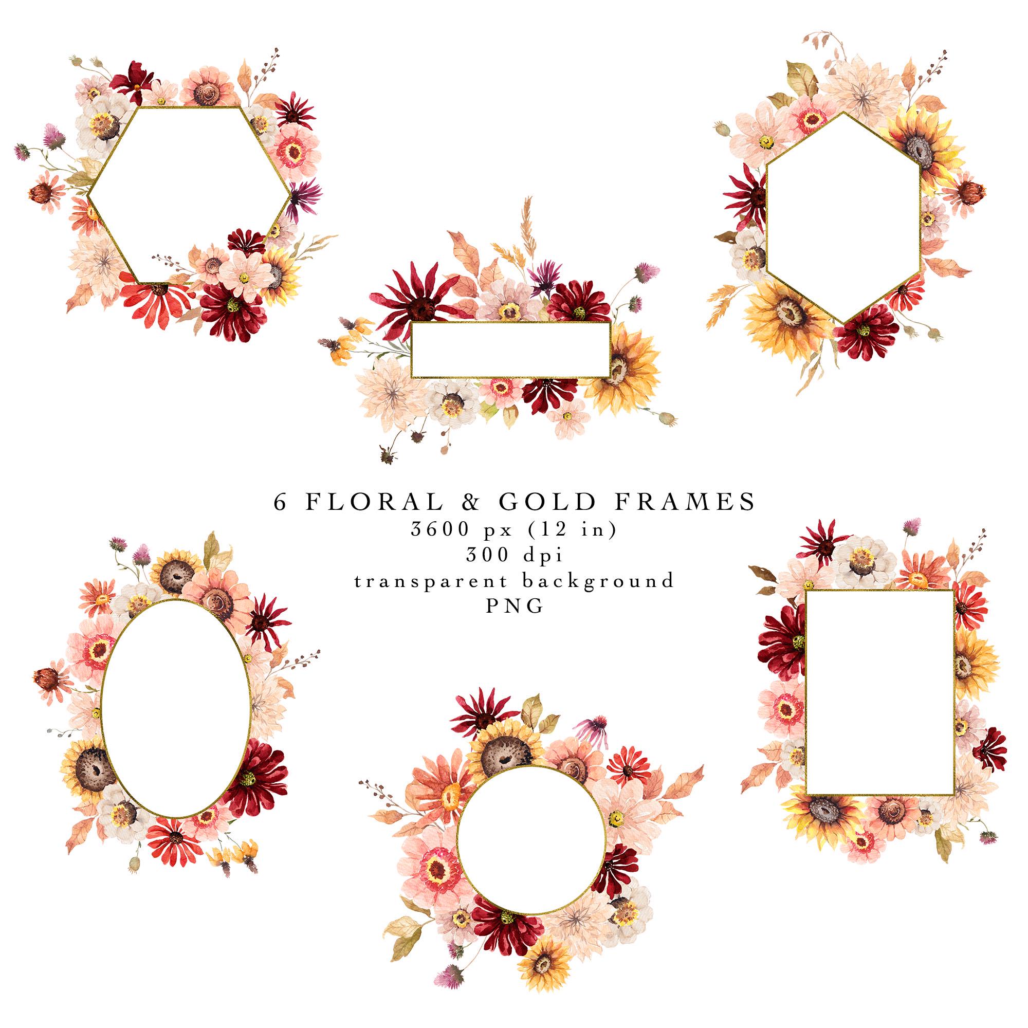 Burgundy Gold Floral Frames Clipart, Watercolor Fall Flowers Wreaths ...