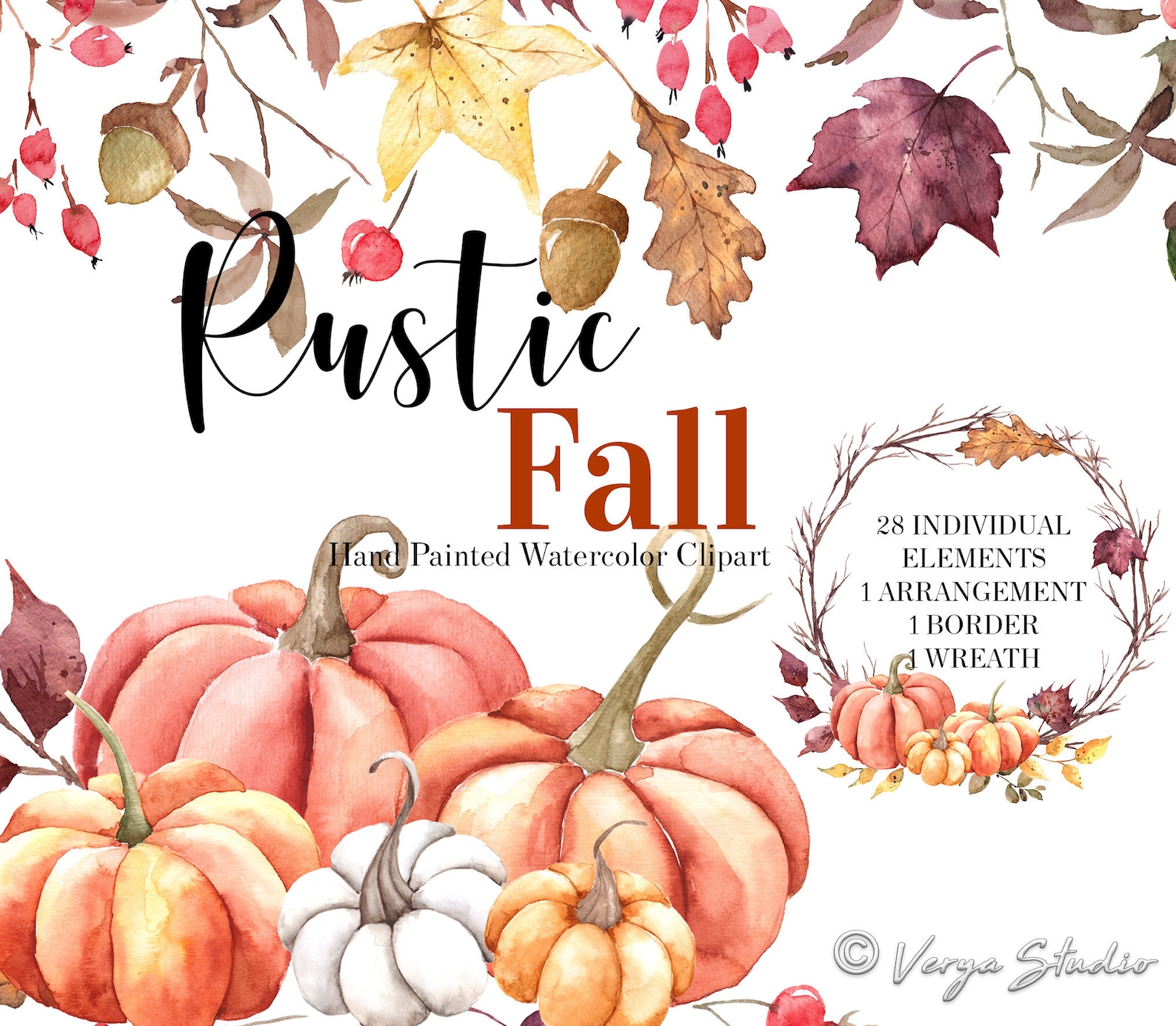 Rustic Autumn Clipart Watercolor Fall Clip Art Pumpkins Leaves - Etsy UK