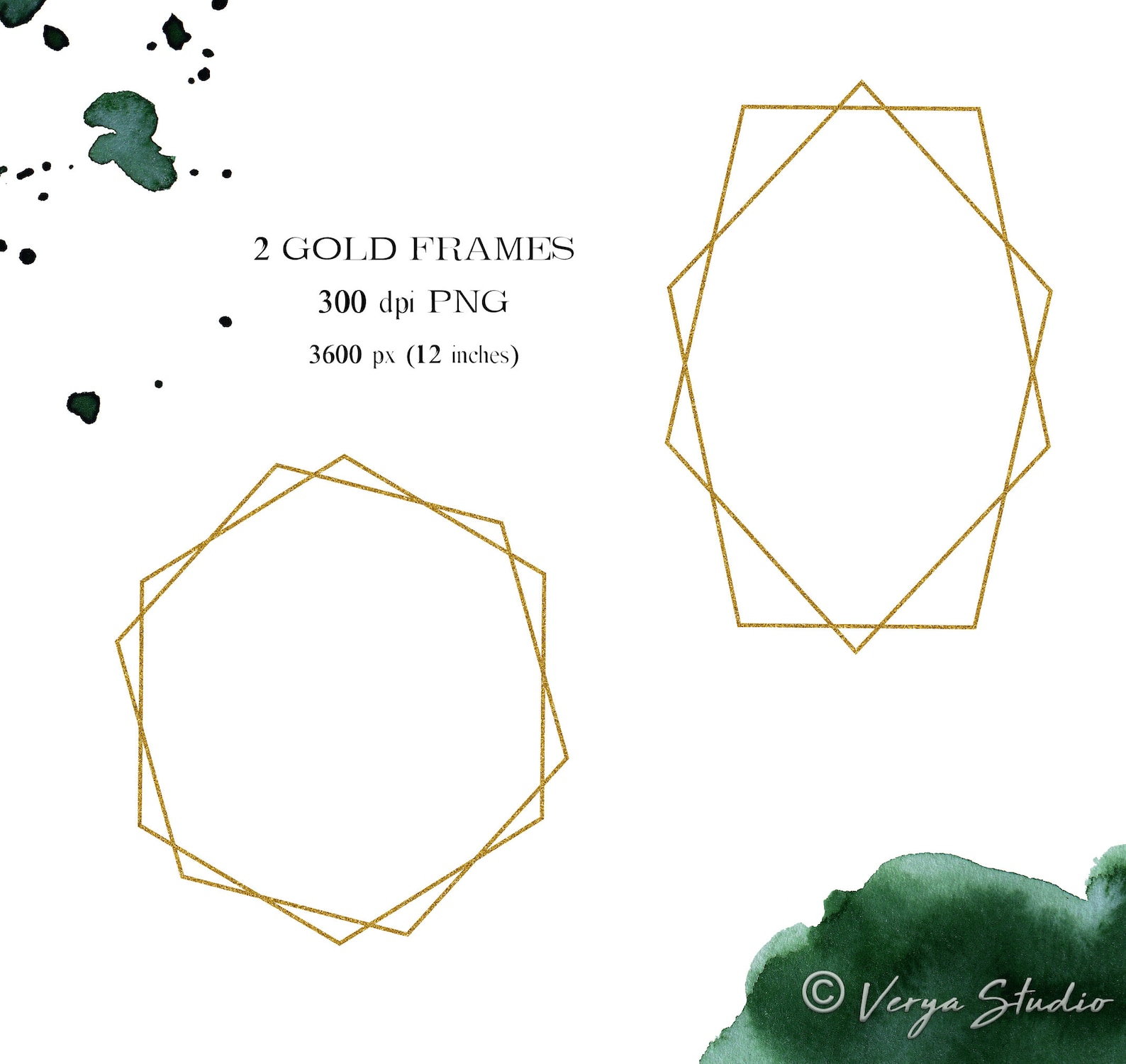 Emerald Green Watercolor Splashes Gold Frames Brushes Clipart - Etsy