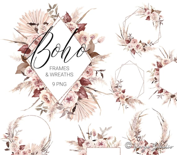 Boho Watercolor Floral Clipart Rose Gold Frame Bohemian Frames - Etsy