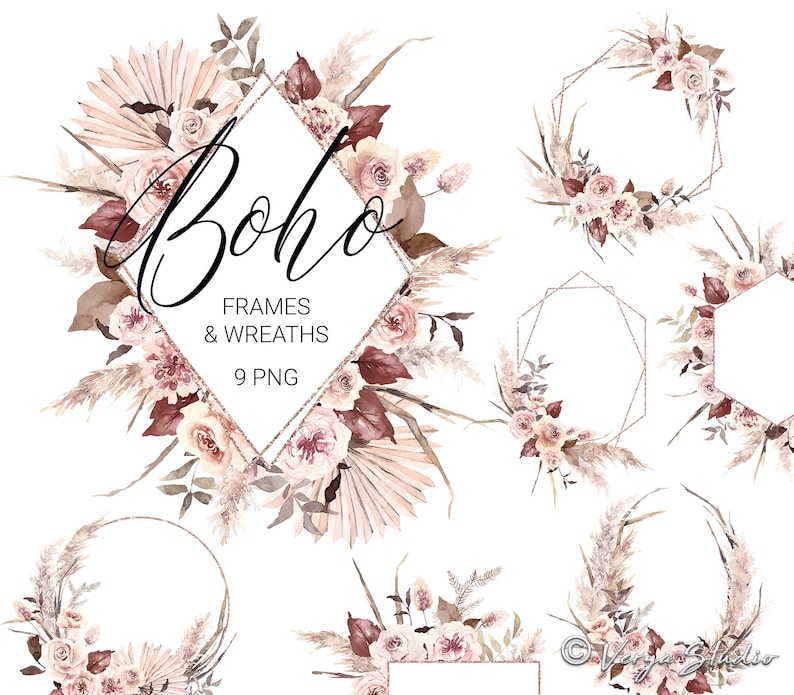 Boho Watercolor Floral Clipart Rose Gold Frame Bohemian Frames - Etsy