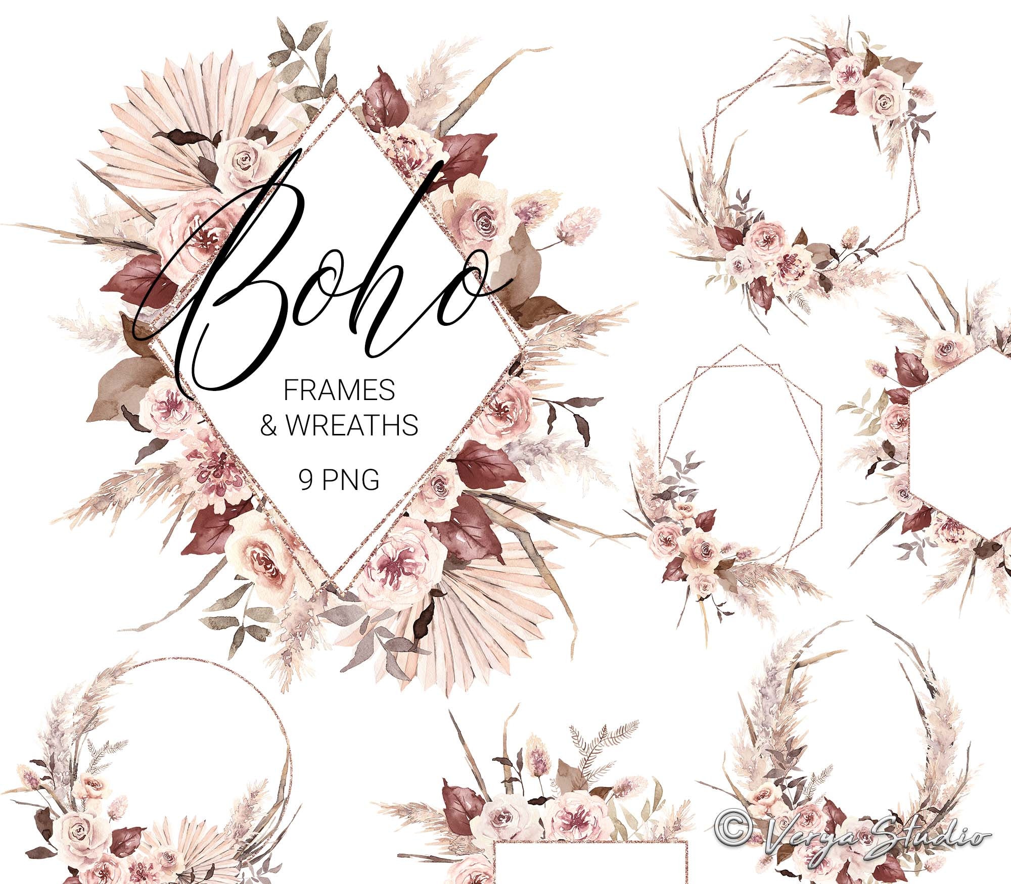 Boho Watercolor Floral Clipart Rose Gold Frame Bohemian Frames Wreaths ...