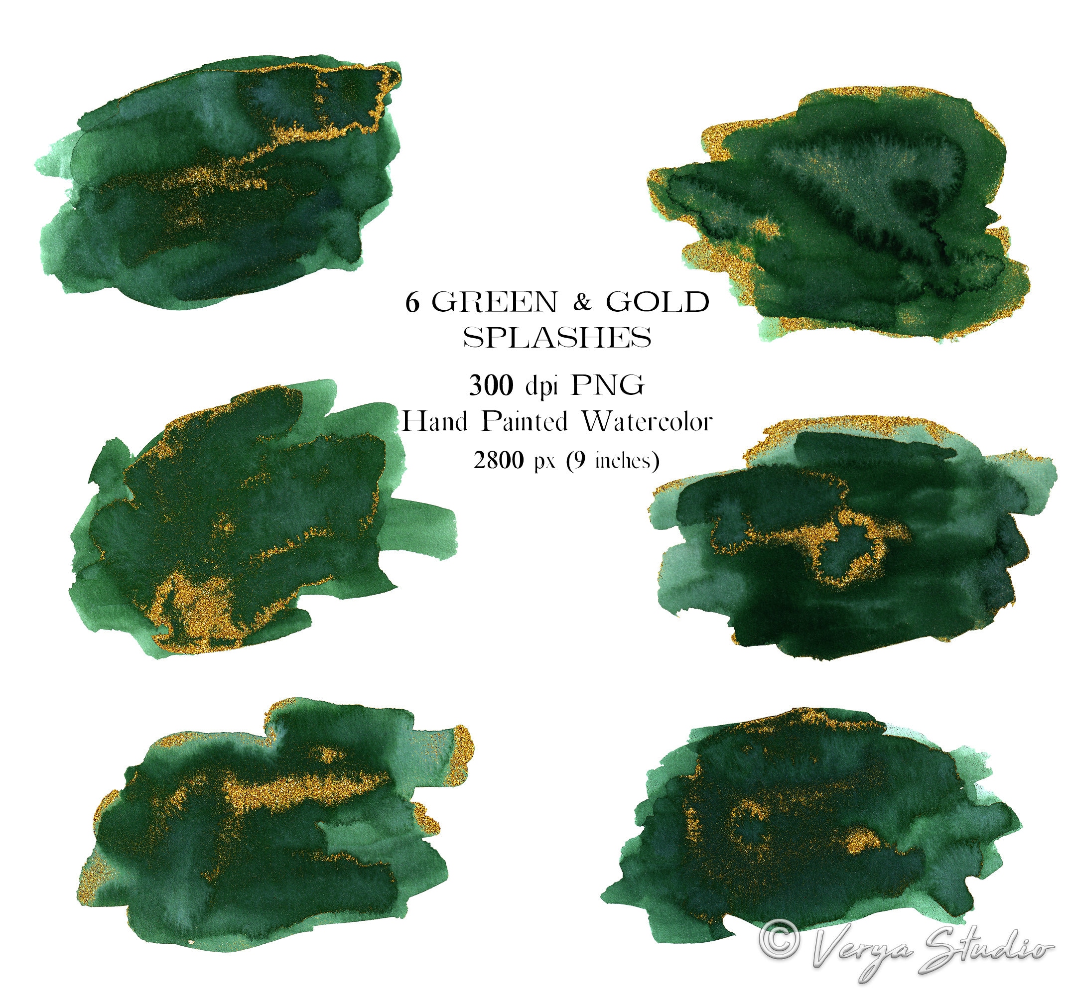 Emerald Green Watercolor Splashes Gold Frames Brushes Clipart - Etsy