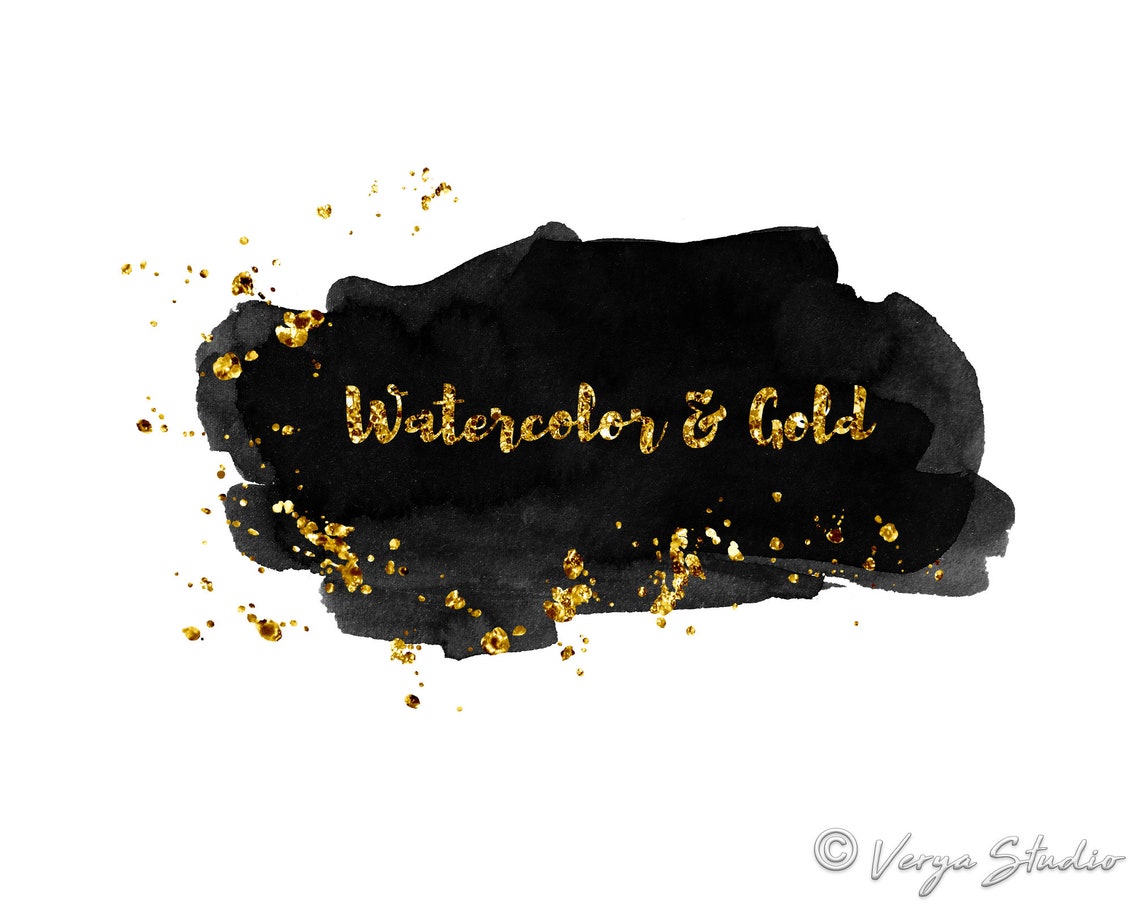 Black & Gold Watercolor Splashes Clipart Golden Frames Gold | Etsy