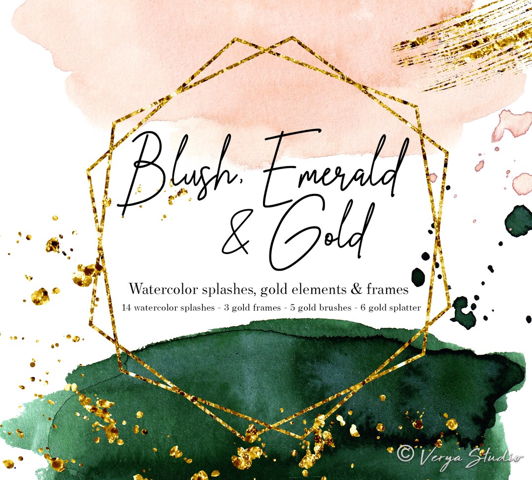 Emerald Blush Watercolor Splashes Clipart Pink Green Washes Gold ...