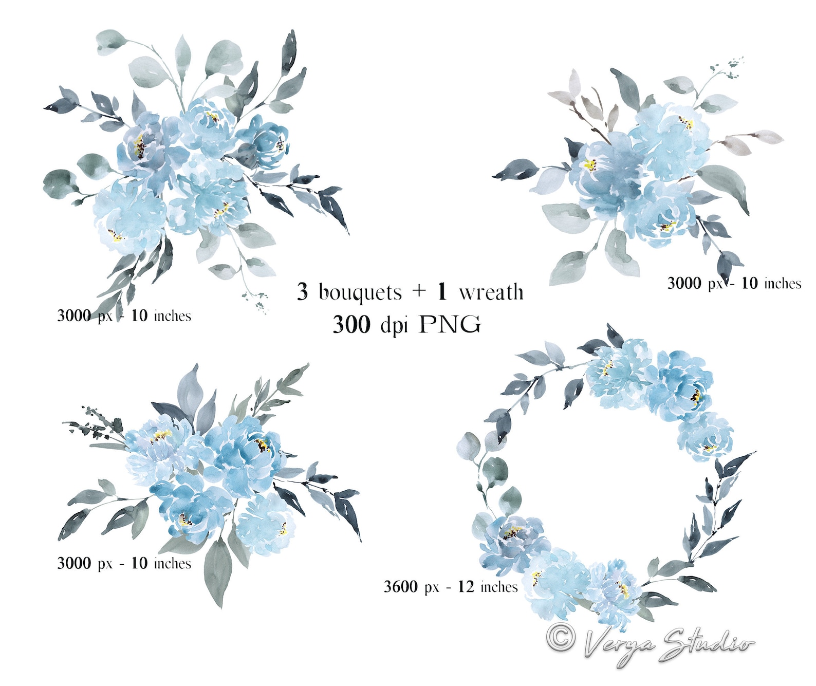 Watercolor Floral Clipart Blue Peonies Clip Art Wedding Clipart Light ...