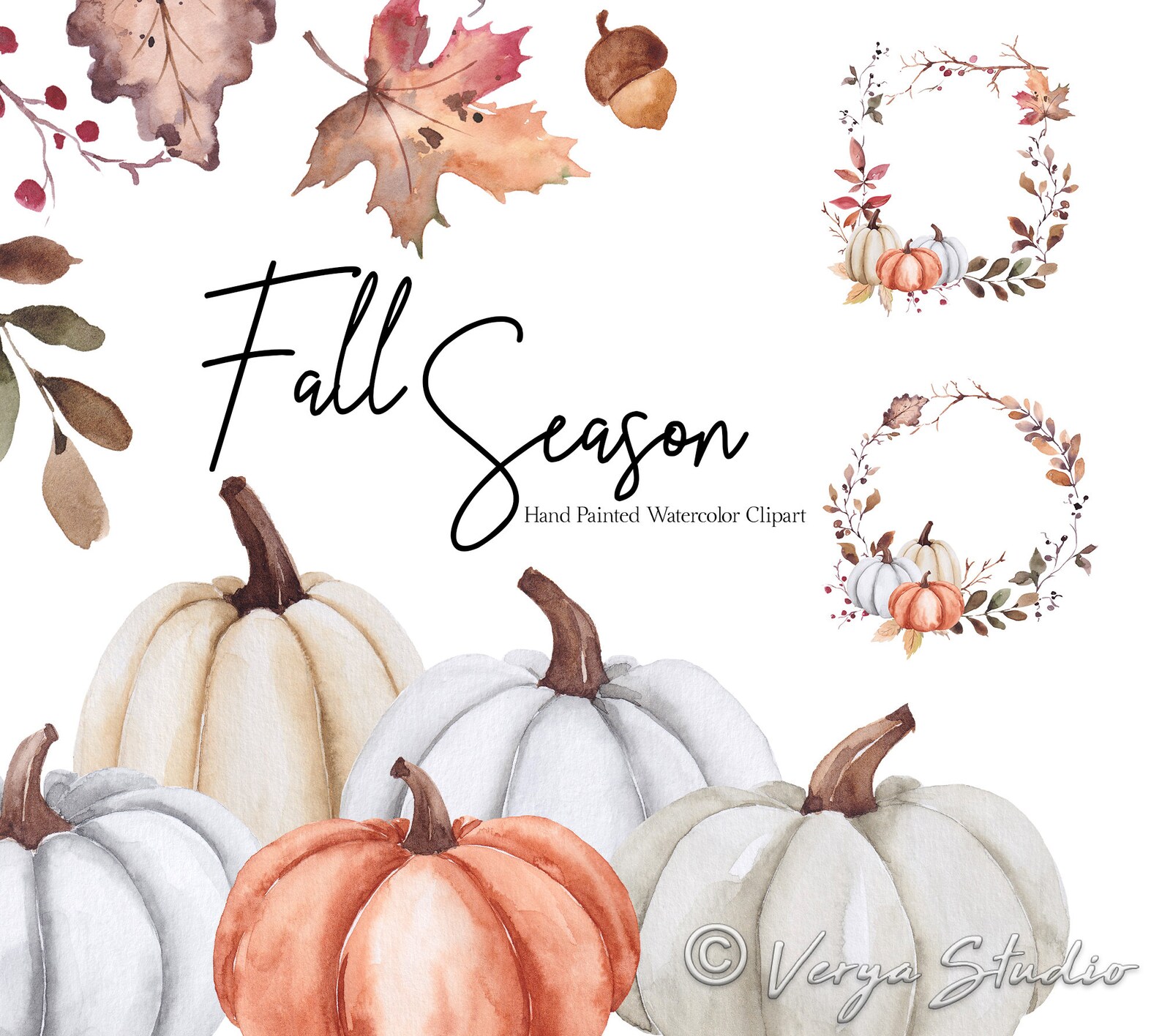 Watercolor Fall Clipart Autumn Clip Art White Beige Orange Pumpkins ...