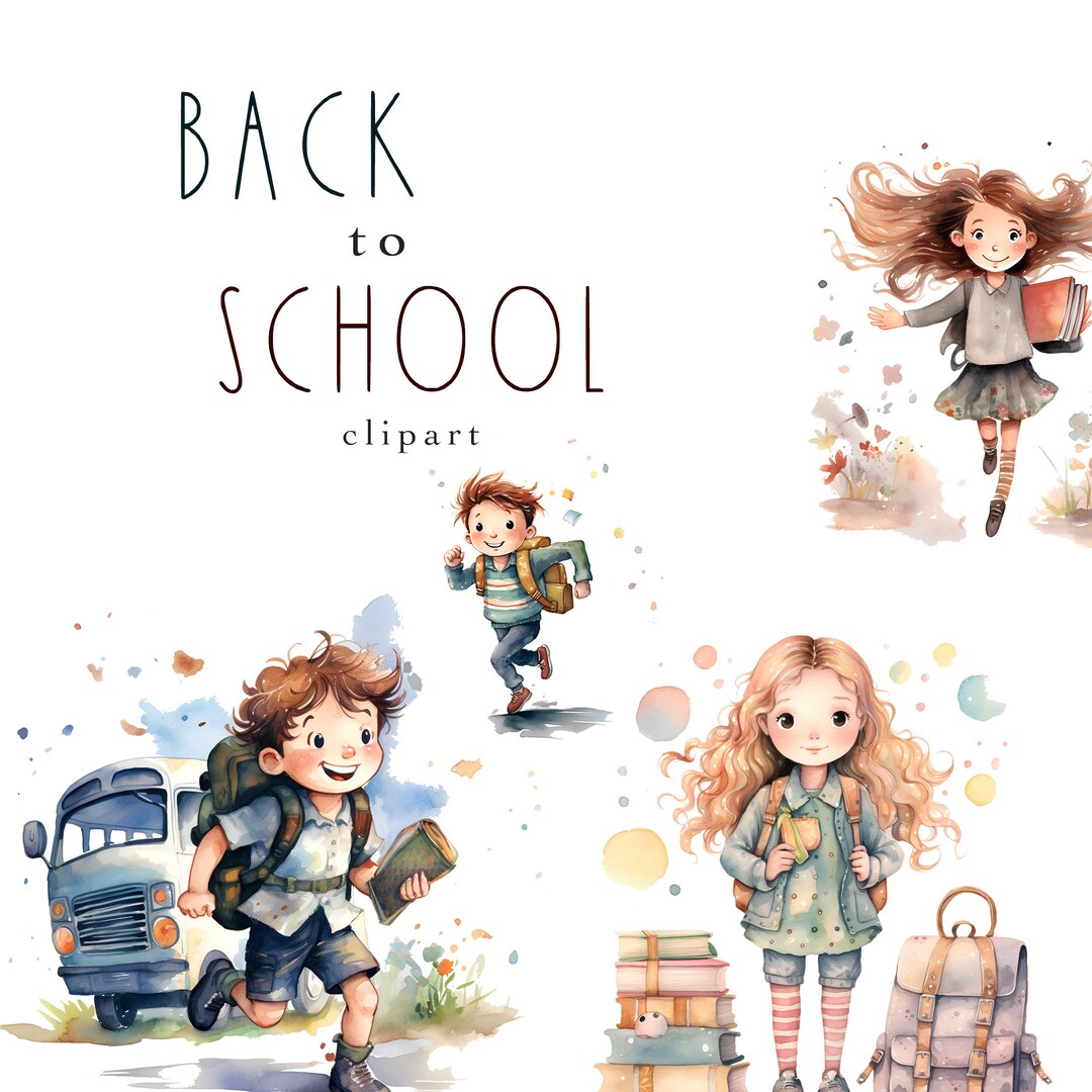 Back to School Watercolor Clipart Kids Running School Bus Books ...