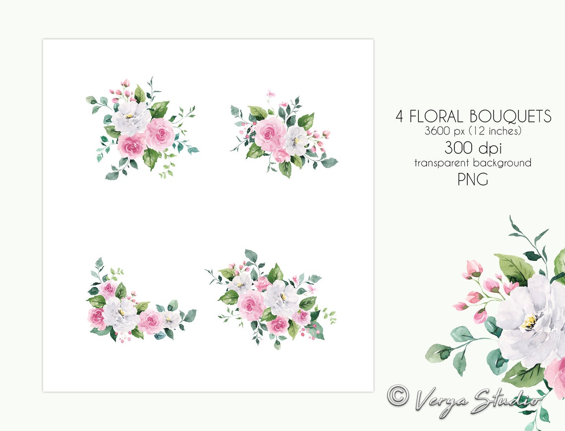 White Pink Watercolor Flowers Clipart Floral Clip Art Blush Dusty Rose ...