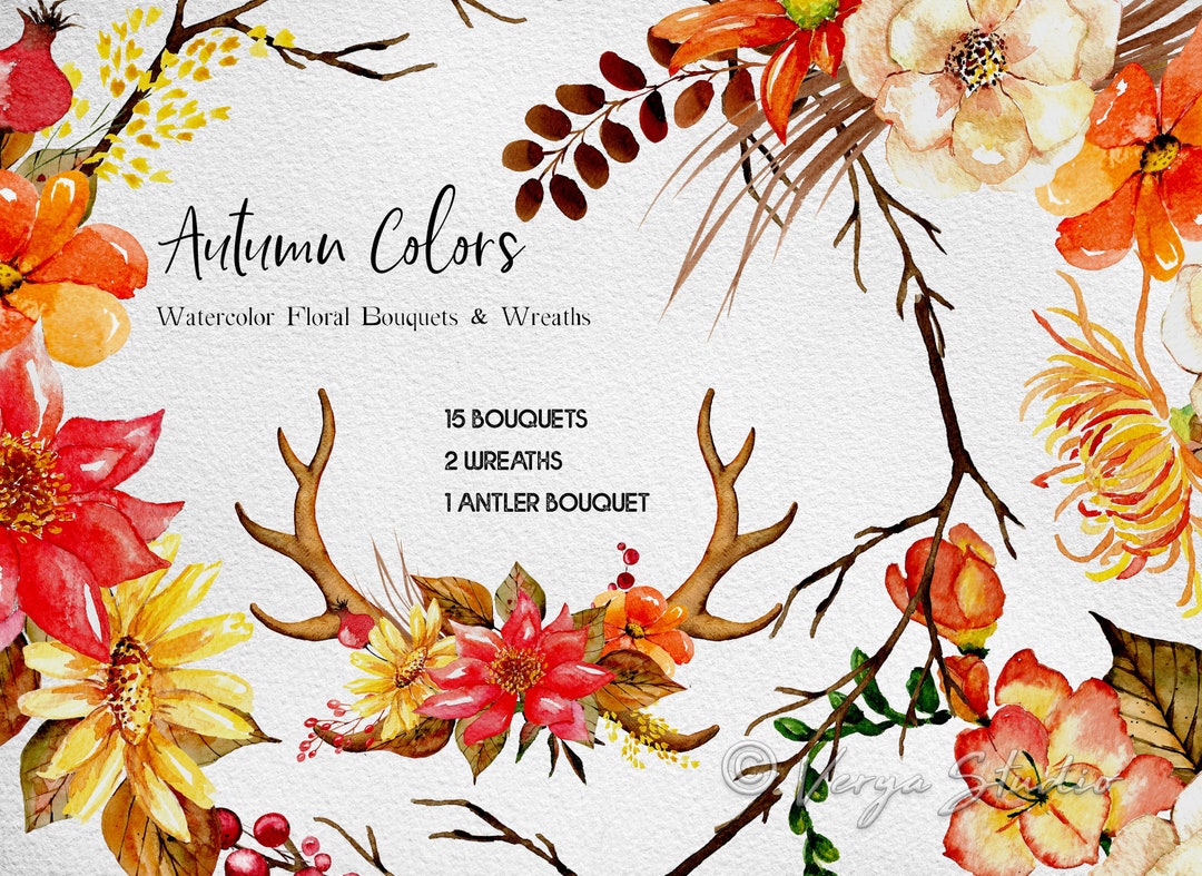 Watercolor Fall Clipart, Fall Bouquet Clip Art, Fall Wreath Clipart ...