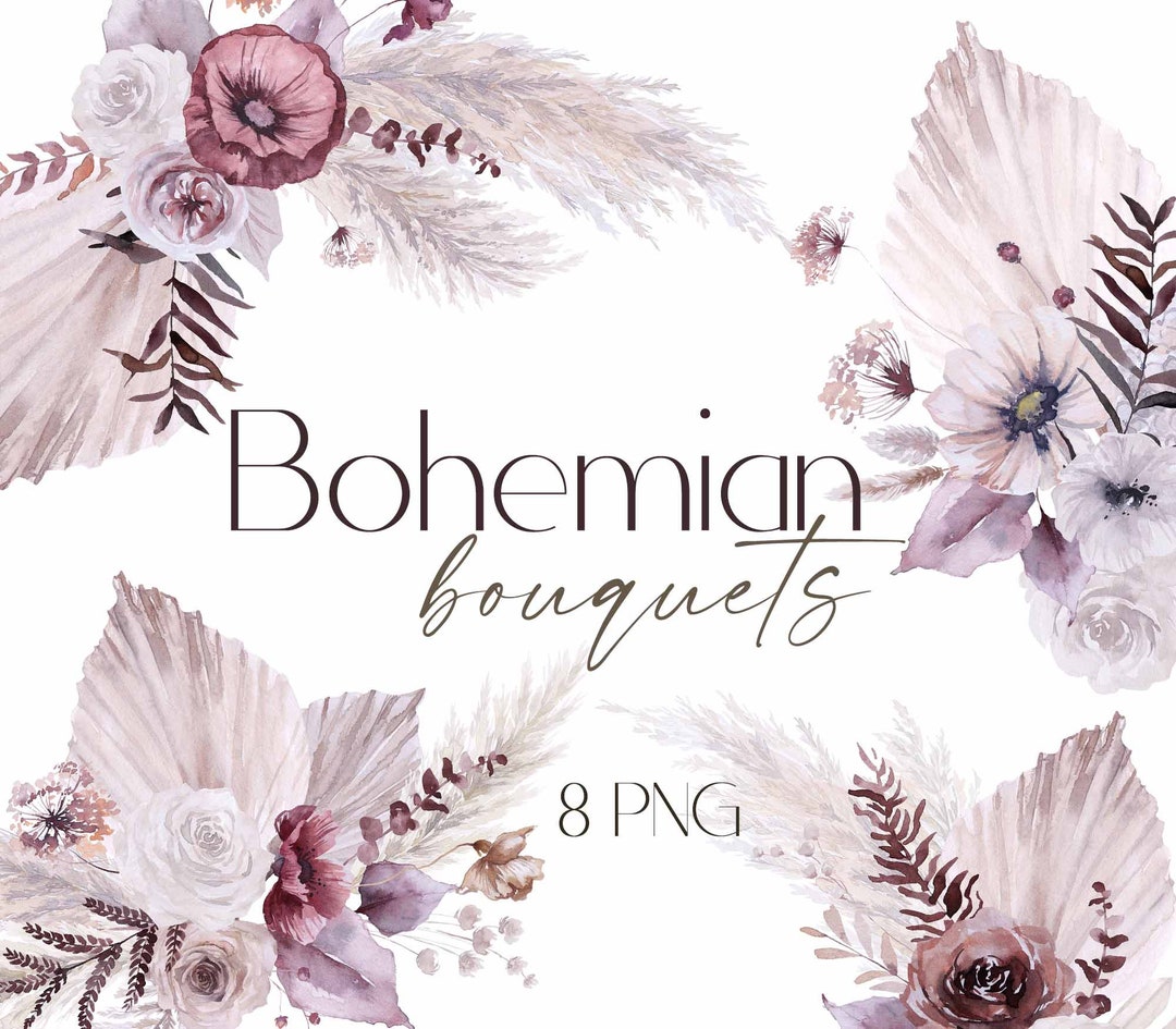 Watercolor Dried Flowers Clipart Boho Floral Clip Art Palm Leaf Pampas ...