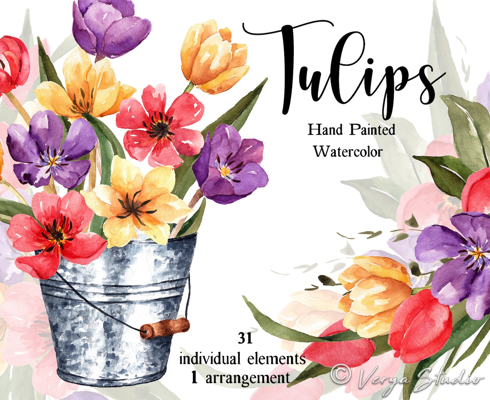 Tulips Watercolor Floral Clipart Spring Clip Art Easter - Etsy