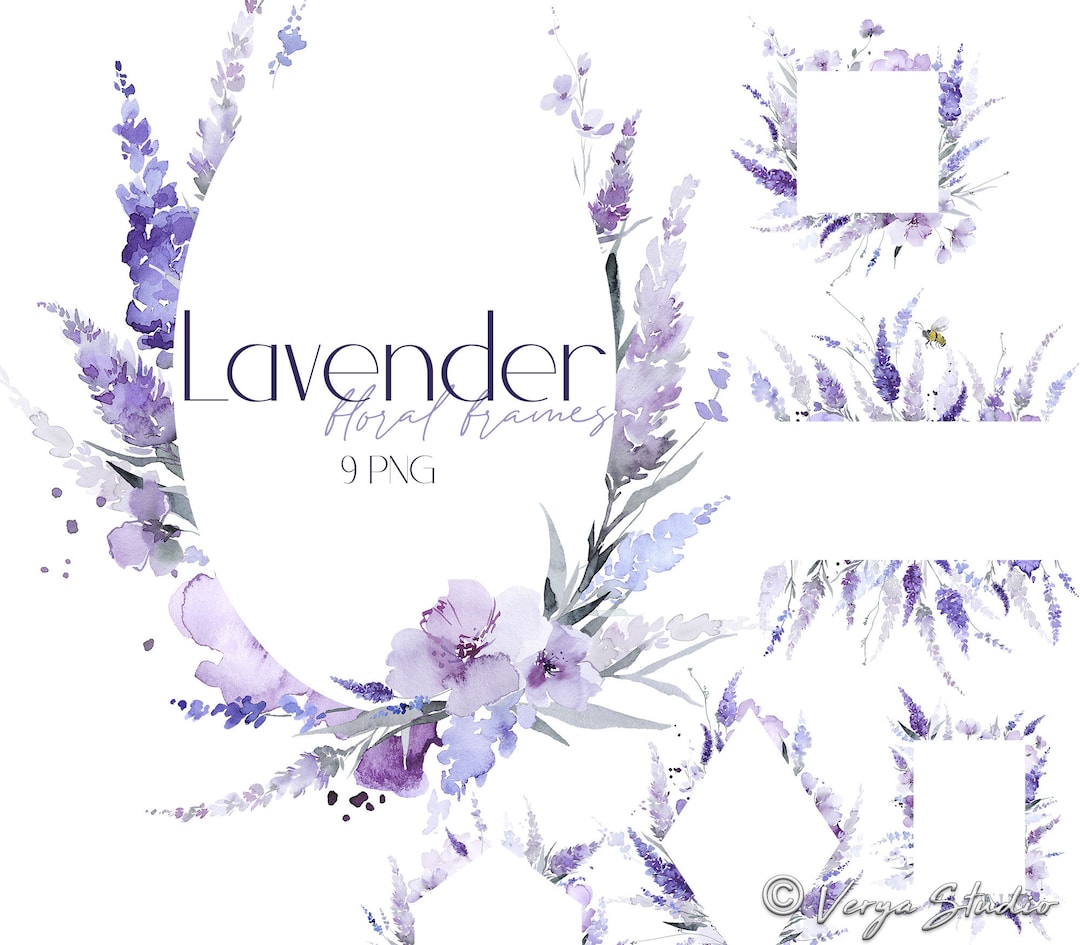 Lavender Frames Watercolor Floral Clipart Botanical Purple Violet Lilac ...