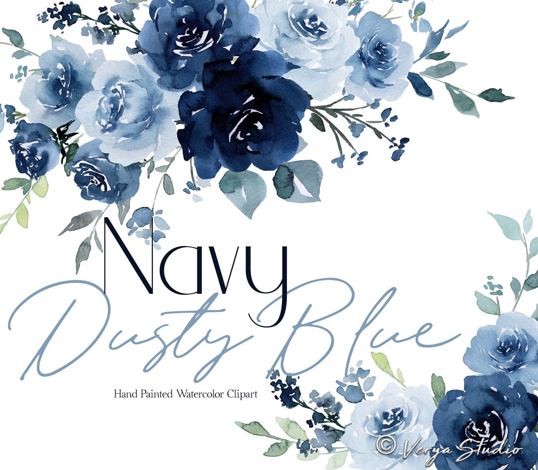 Navy Dusty Blue Watercolor Flowers Clipart Floral Clip Art Wedding ...